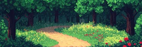 Lush Pixel Art Forest Pathway With Greenery And Vibrant Flora Stock