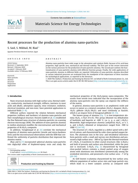 Pdf Recent Processes For The Production Of Alumina Nano Particles