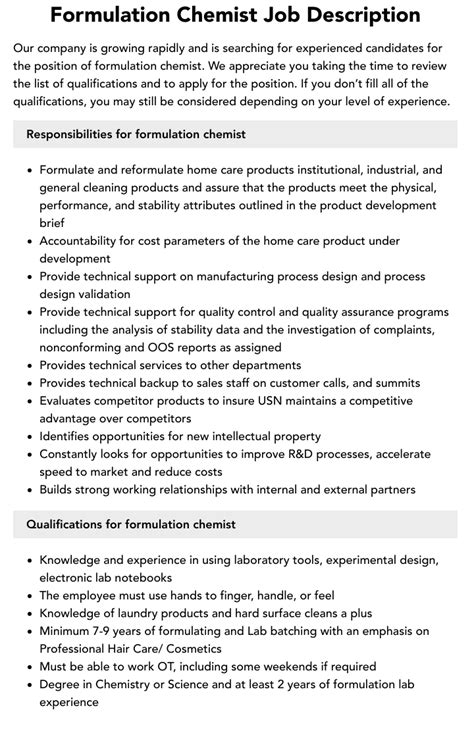 Formulation Chemist Job Description Velvet Jobs