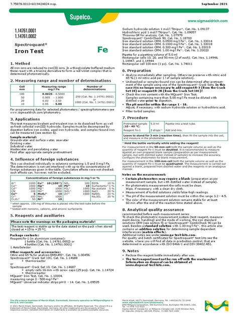 Spectroquant Iron Test 114761 Pdf Iron Water