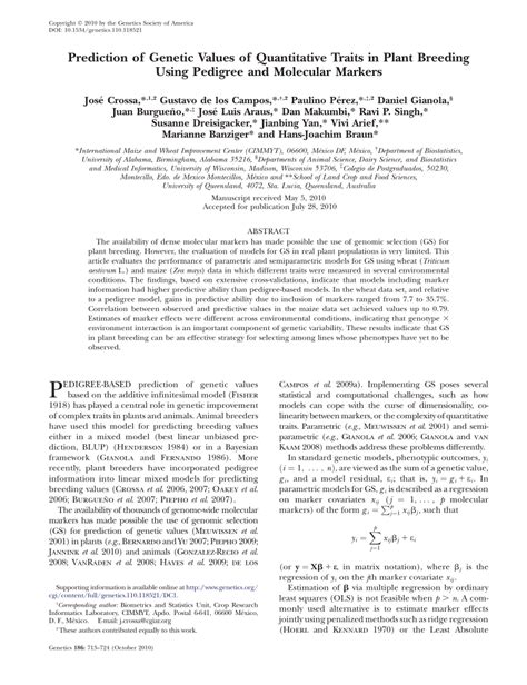 Pdf Prediction Of Genetic Values Of Quantitative Traits In Plant Breeding Using Pedigree And
