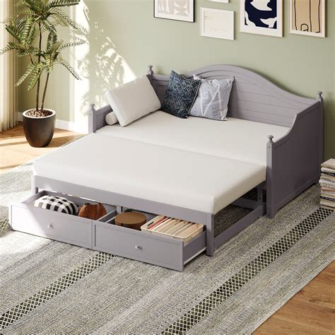 Miekor Furniture Twin Size Wood Daybed With Extended Pop Up Trundle And