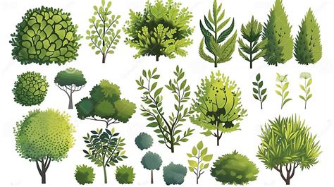 Flat Style Illustration Of Various Green Shrubs And Small Bushes Each