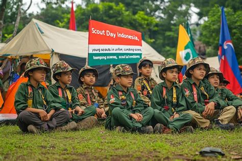 Scout Day Indonesia Young Scouts In Uniform Premium Ai Generated Image