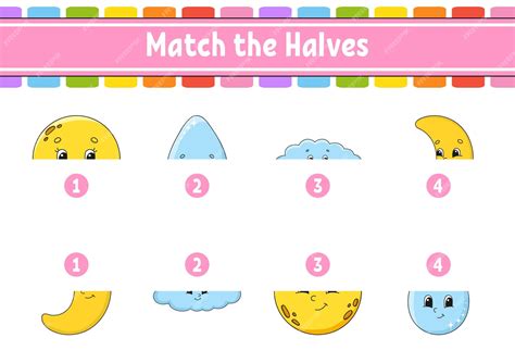 반쪽 맞추기 교육 개발 워크시트 아이들을 위한 짝짓기 게임 컬러 활동 페이지 아이들을 위한 수수께끼 프리미엄 벡터