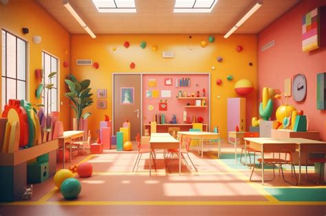 Premium Photo Brightly Colored Classroom With Tables And Chairs And A