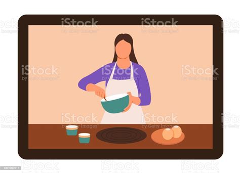 요리사의 온라인 비디오 자습서 요리사는 음식 학교의 튜토리얼 비디오에서 요리 온라인 요리 수업 가정 과 교육 과정을 유지하는 개념 집에서 만든 사람들의 요리 조리법 벡터