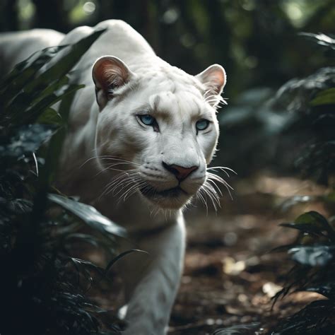 A Rare White Panther Prowling Gracefully Through A Moonlit Jungle Its