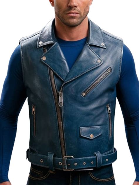 Mens Blue Leather Biker Vest With Zipper Details Stylish And Rugged