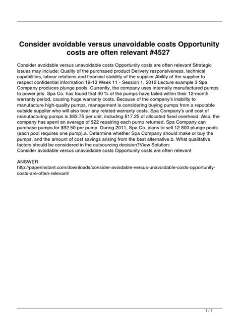 Consider Avoidable Versus Unavoidable Costs Opportunity Costs Are Often Relevant Pdf