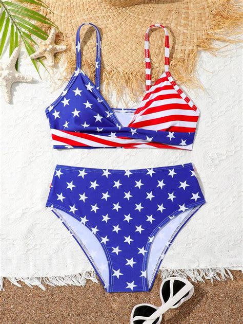 Tween Girls Simple Daily Swimwear Star Americana Print 4th Of July