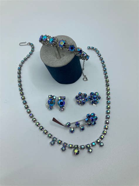 Vtg 1950 Triad Blue Borealis Crystal Rhinestone Earrings Brooch