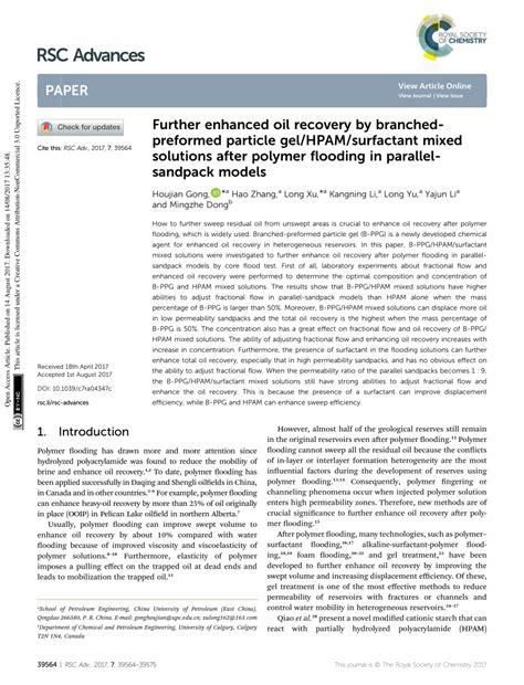 Pdf Further Enhanced Oil Recovery By Branched Preformed Particle Gel