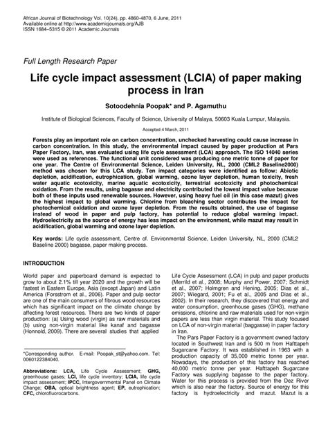 Pdf Life Cycle Impact Assessment Lcia Of Paper Making Process In Iran