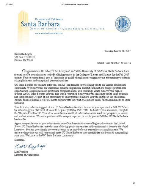 Ucsb Admission Decision Letter 2017 Pdf Higher Education