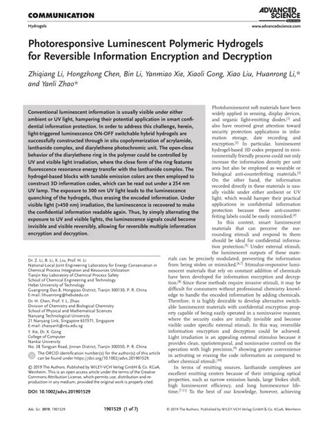 Pdf Photoresponsive Luminescent Polymeric Hydrogels For Reversible