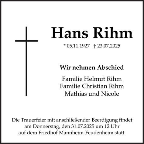 Traueranzeigen Von Hans Rihm Trauerportal Ihrer Tageszeitung