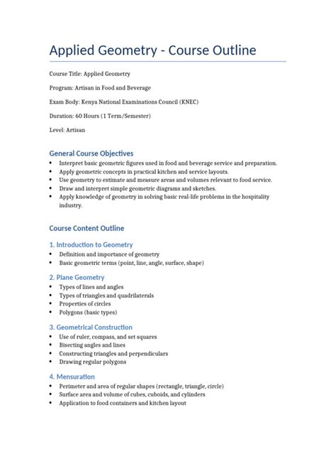 Applied Geometry Course Outline Knec Pdf