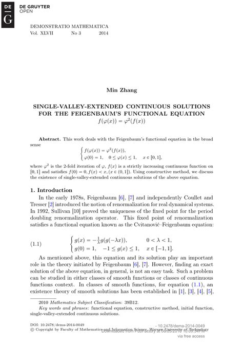 Pdf Single Valley Extended Continuous Solutions For The Feigenbaums