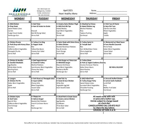 Meal Menu Laporte County Meals On Wheels