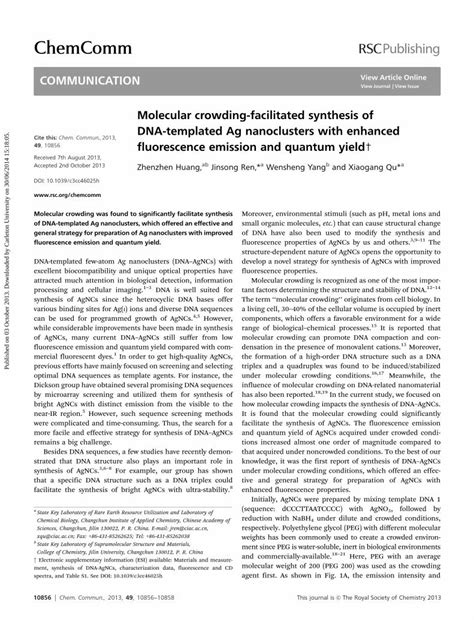 Pdf Molecular Crowding Facilitated Synthesis Of Dna Templated Ag