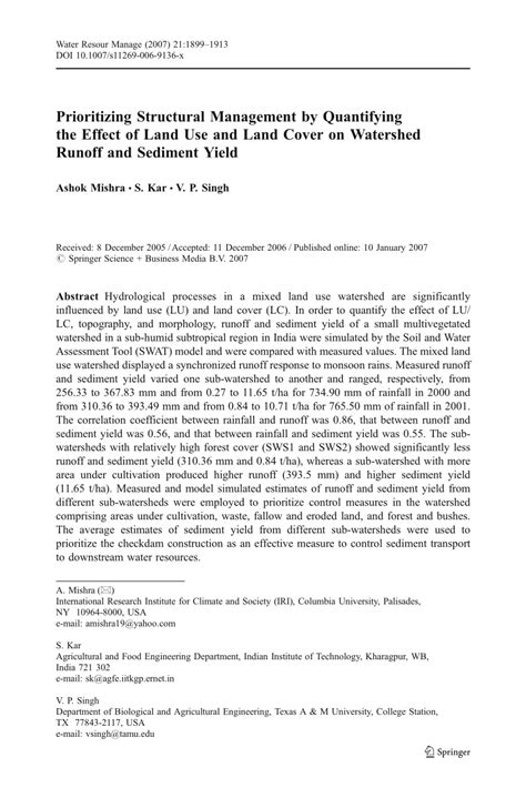 Pdf Prioritizing Structural Management By Quantifying The Effect Of Land Use And Land Cover On