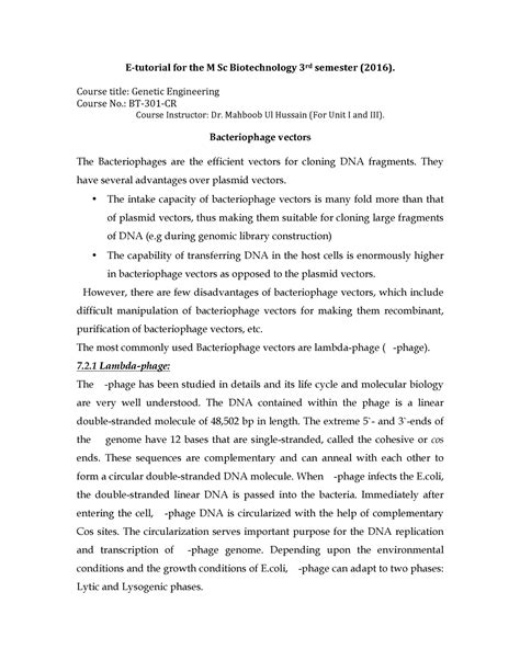 Bacteriophage Vectors E Tutorial For The M Sc Biotechnology 3rd
