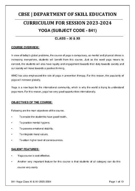 841 Yoga Class 11 Yoga Curriculum For Session 2023 24 Studocu