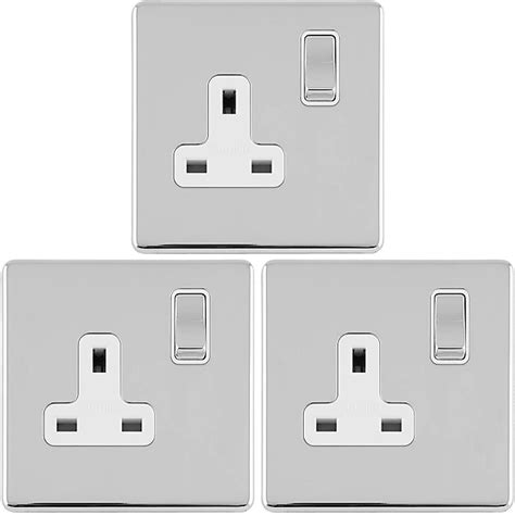 3 Pack 1 Gang Dp 13a Switched Uk Plug Socket Screwless Polished Chrome