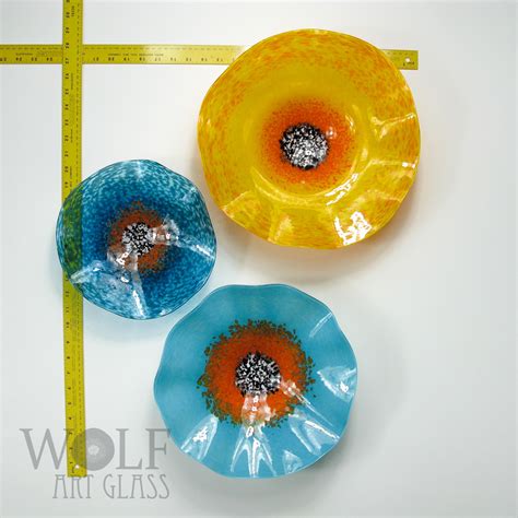 Turquoise Blue Saffron Yellow And Orange Blown Glass Wall Art Flower C