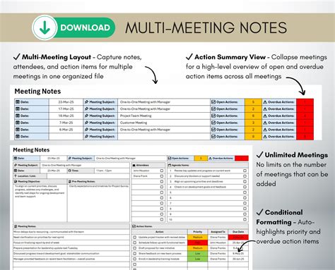 Meeting Agenda And Notes Template Excel Template Multi Meeting Action