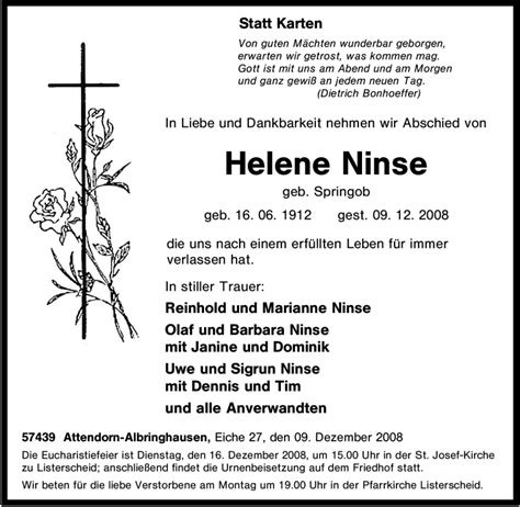 Traueranzeigen Von Helene Ninse Trauer In Nrwde