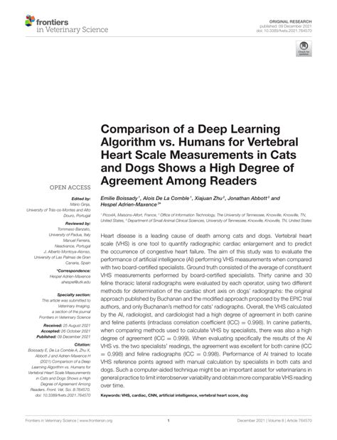 Pdf Comparison Of A Deep Learning Algorithm Vs Humans For Vertebral Heart Scale Measurements