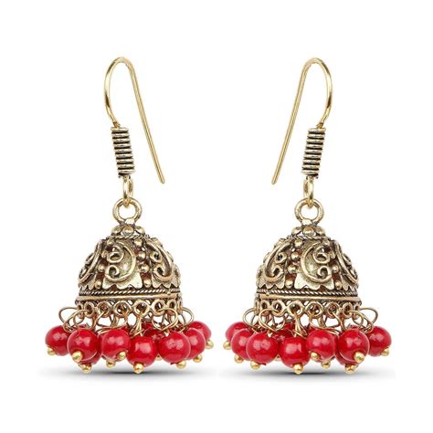 Bollywood Designer Glöckchen Oxidierte Mode Jhumki Ohrringe Mit Roten