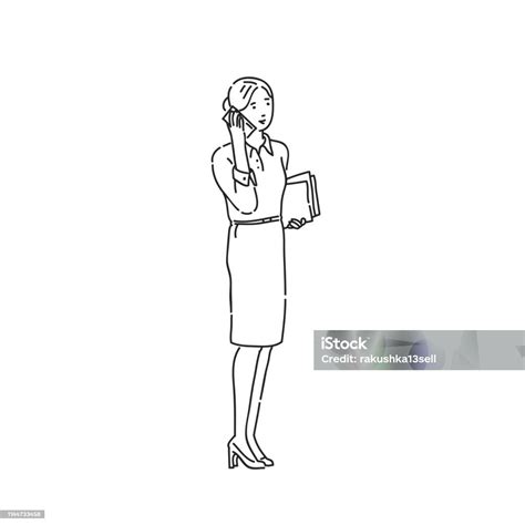 전화로 얘기 하는 비즈니스 우먼 라인 아트 스타일 문자 벡터 블랙 화이트 고립 된 그림 라인아트에 대한 스톡 벡터 아트 및 기타 이미지 라인아트 외형선 선 Istock