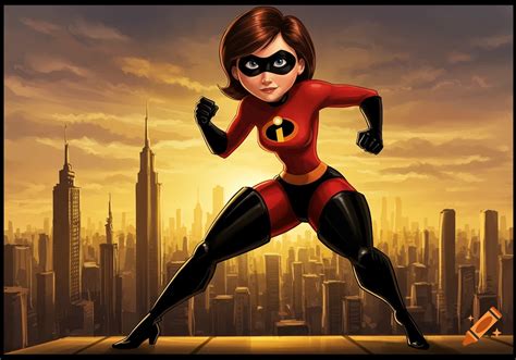 Ms Incredible Poses In Her Red Suit Against A Cityscape On Craiyon