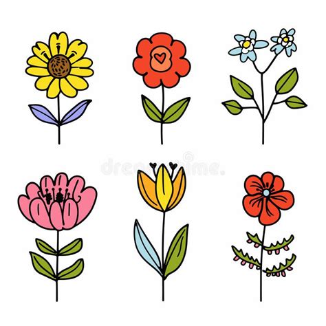 Set Six Colorful Flowers Handdrawn Floral Vector Illustration Simple