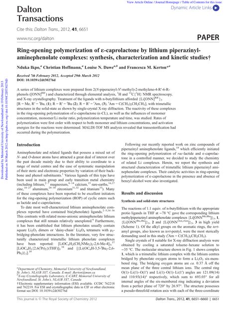 Pdf Ring Opening Polymerization Of ε Caprolactone By Lithium Piperazinyl Aminephenolate