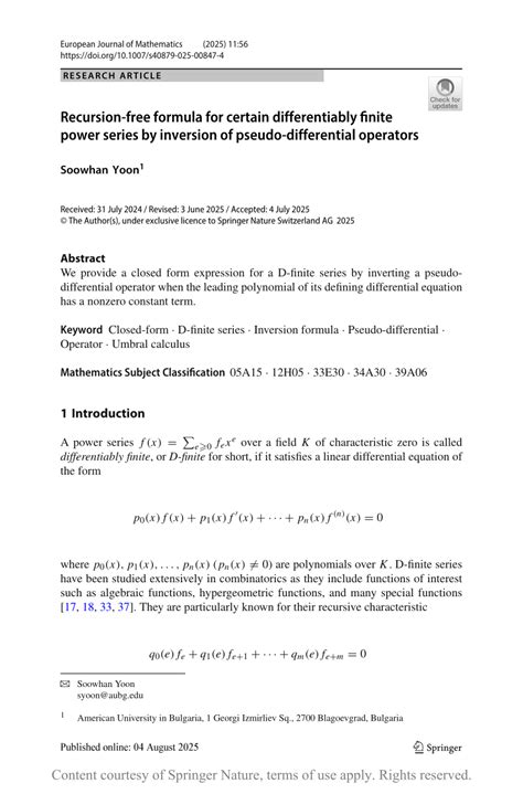Recursion Free Formula For Certain Differentiably Finite Power Series