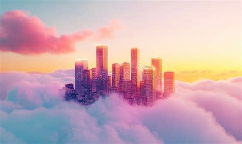 A City Is Shown In The Sky With A Pinkish Hue Stock Image Image Of View Office 342296359