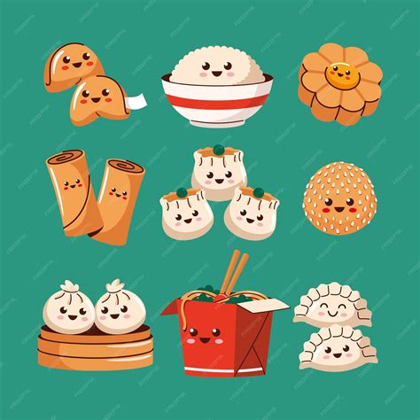 Hand Drawn Flat Chinese Foods Kawaii Premium Vector