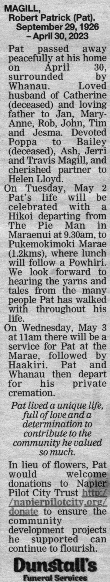 Magill Robert Patrick Pat Death Notice 2023 Hawkes Bay Knowledge Bank