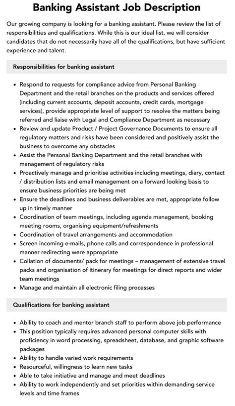 Banking Assistant Job Description Velvet Jobs