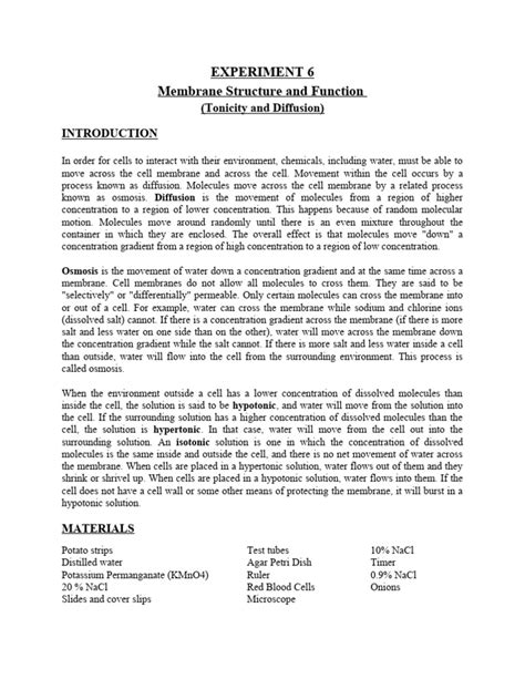 Experiment 6 Membrane Structure And Function Pdf Osmosis Cell