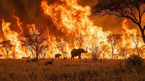 Intense African Savanna Wildfire With Fleeing Wildlife And Burning