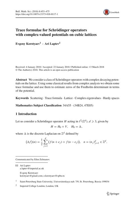 Pdf Trace Formulae For Schr Odinger Operators With Complex Valued Potentials On Cubic Lattices