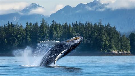 Humpback Whale Breaching In Alaskan Waters With Misty Mountains Stock