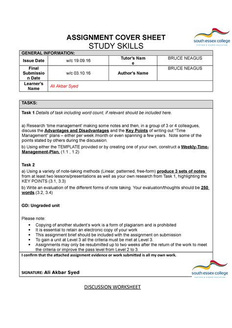 Ali Syed Study Skills Assignment Assignment Cover Sheet Study Skills