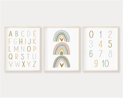 Abc 123 Sage Green Rainbow Printable Wall Art Set Of 3 Alphabet Chart