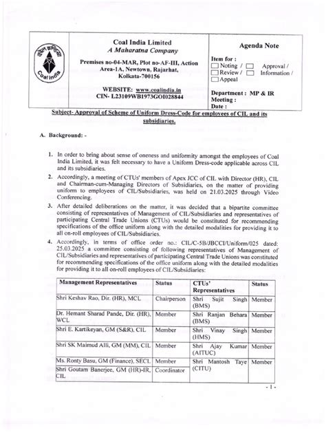 Approval Of Dress Code For Cil Scheme 2025 Pdf Clothing